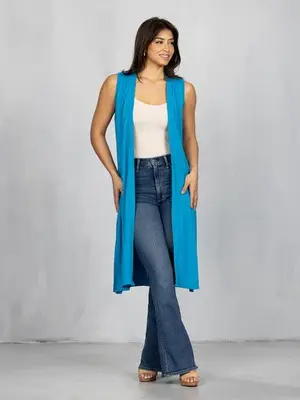 24SEVEN COMFORT APPAREL Sleeveless Long Cardigan Vest With Slit - Navy