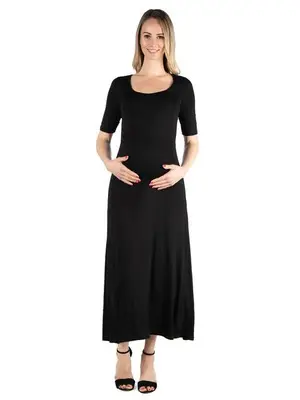 24SEVEN COMFORT APPAREL Maternity Maxi Dress With Sleeves - Black