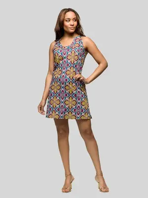 24SEVEN COMFORT APPAREL Floral Print Sleeveless Knee Length Shift Dress - Yellow Multi