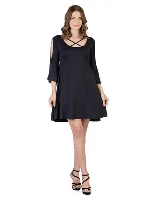 24SEVEN COMFORT APPAREL Knee Length Cold Shoulder Dress - Black