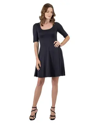 24SEVEN COMFORT APPAREL A-line Knee Length Dress With Elbow Length Sleeves - Black