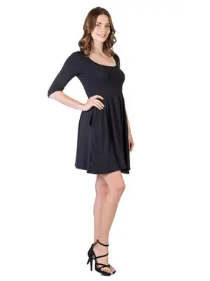 24SEVEN COMFORT APPAREL Fit And Flare Mini Dress With Three Quarter Sleeves - Black