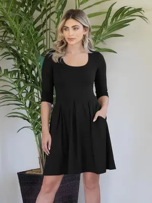 24SEVEN COMFORT APPAREL Fit And Flare Mini Dress With Three Quarter Sleeves - Black