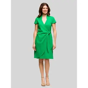 24SEVEN COMFORT APPAREL Mandarin Collar Knee Length Wrap Dress - Green