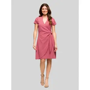 24SEVEN COMFORT APPAREL Mandarin Collar Knee Length Wrap Dress - Rose