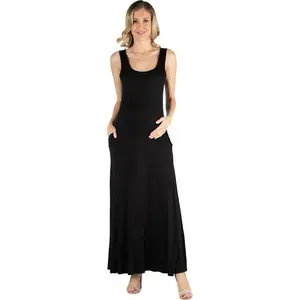 24SEVEN COMFORT APPAREL Maternity Scoop Neck Sleeveless Maxi Dress With Pockets - Black