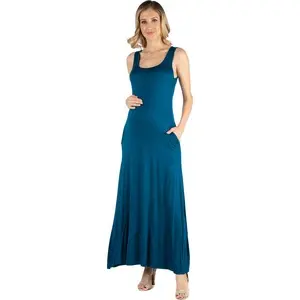 24SEVEN COMFORT APPAREL Maternity Scoop Neck Sleeveless Maxi Dress With Pockets - Teal