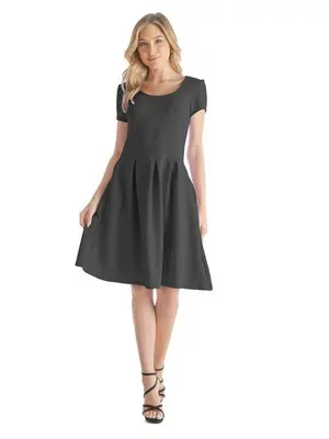 24SEVEN COMFORT APPAREL Scoop Neck Pleated Knee Length Dress With Pockets - Black
