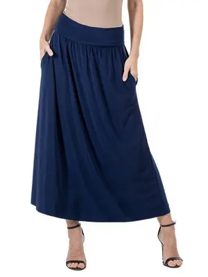 24SEVEN COMFORT APPAREL Foldover Maxi Skirt With Pockets - Navy