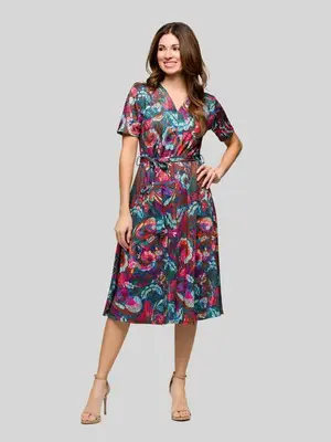 24SEVEN COMFORT APPAREL Printed Short Sleeve Tie Waist Midi Dress - Brown Multi