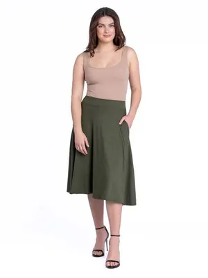 24SEVEN COMFORT APPAREL Elastic Waist Pleated Midi Skirt With Pockets - Olive