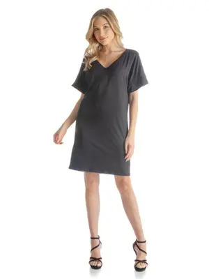 24SEVEN COMFORT APPAREL Solid Color V-neck Knee Length T-shirt Dress - Black