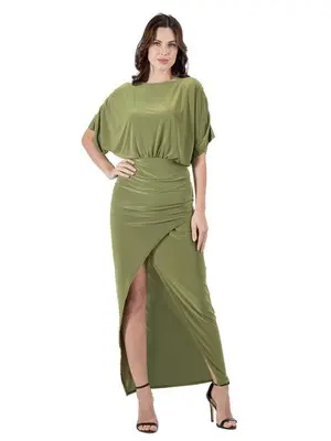 24SEVEN COMFORT APPAREL Boat Neck Batwing Sleeve Slit Maxi Dress - Avocado