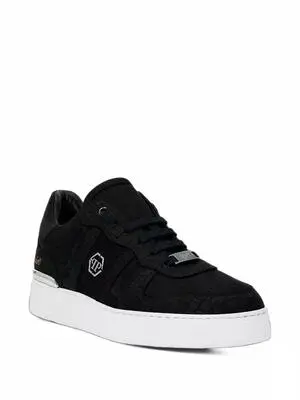 Philipp Plein Nubuck Low Top Sneakers With Croc Effect Detailing - Black