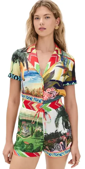 Alice + Olivia Leighton Pajama Romper - Island Dreams Multi