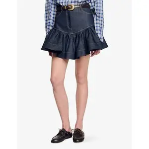 Sandro Ruffle-hem Side-pocket Denim Mini Skirt