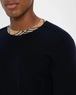 Burberry Wool Knit Crewneck Sweater With Check Trim - Navy