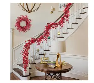 GLITZHOME 6ft Christmas Red Berries Garland - One-color