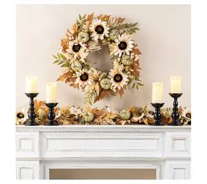 GLITZHOME 24'd Fall Harvest Sunflower, Pumpkin & Leaf Wreath - One-color