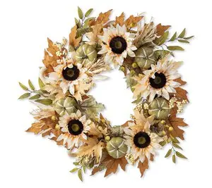 GLITZHOME 24'd Fall Harvest Sunflower, Pumpkin & Leaf Wreath