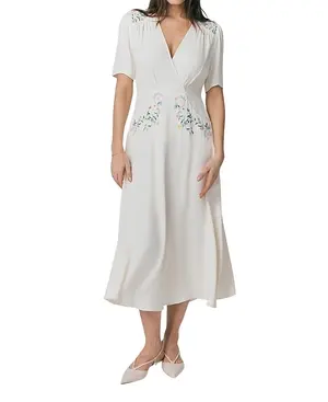 GHOST LONDON Maeva Embroidered Crepe Midi Tea Dress - White