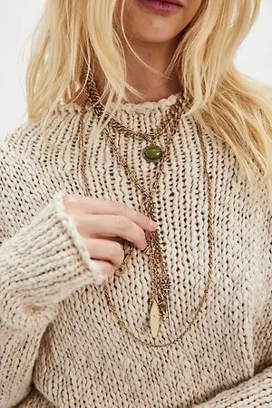 Free People Tate Layer Necklace - Gold Keys With Green Stone