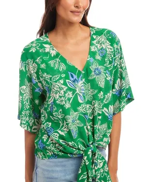 Karen Kane Short Sleeve Tie Front Top - Print