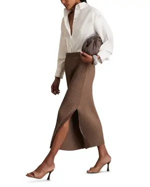 REISS Pippa Jersey Pleated Column Skirt - Chocolate