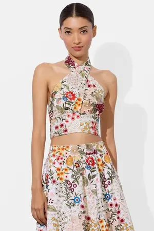 Alice + Olivia Evelina Floral Embroidered Crop Top
