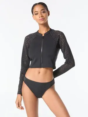 Michael Kors Zip Front Cropped Rash Guard With Logo - 001-black