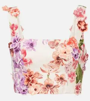 Agua Bendita Amanda Floral-appliqué Linen Crop Top - Multicoloured
