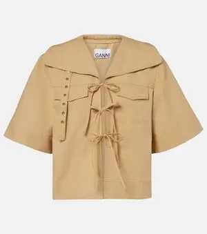 GANNI Bow-detailed Cotton-linen Top - Beige