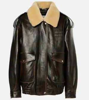 Miu Miu Logo Faux Shearling-trimmed Leather Jacket - Brown