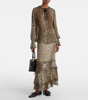 GANNI Leopard-print Ruffled Chiffon Maxi Skirt - Brown