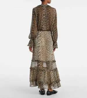 GANNI Leopard-print Ruffled Chiffon Maxi Skirt - Brown