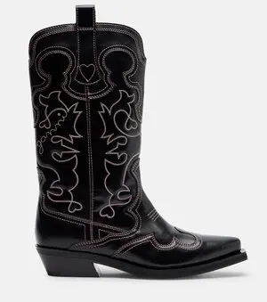 GANNI Mid Shaft Embroidered Cowboy Boots - Black