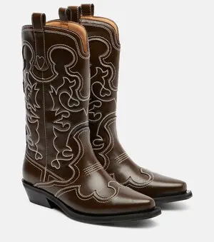 GANNI Mid Shaft Embroidered Cowboy Boots - Brown