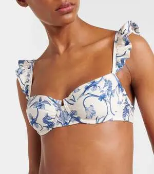 Agua Bendita Printed Ruffled Bikini Top - White