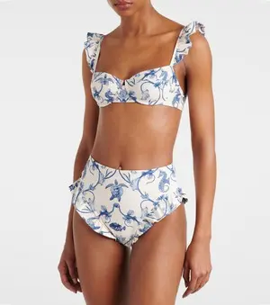 Agua Bendita Printed Ruffled Bikini Top - White