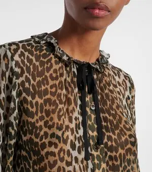GANNI Leopard-print Chiffon Blouse With Tie-neck - Brown