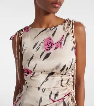 GANNI Floral Ruched Satin Top - Beige