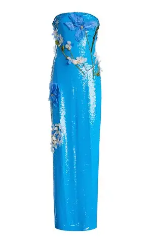 Monique Lhuillier Strapless Sequin Gown With Embroidered Floral Appliques