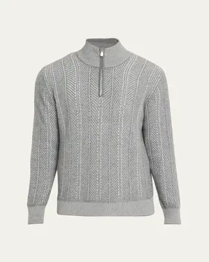 Brunello Cucinelli Cashmere Chevron Vanise Quarter-Zip Sweater - Gray