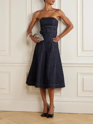 SELF-PORTRAIT Strapless Belted Denim Midi Dress