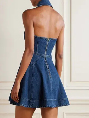 SELF-PORTRAIT Paneled Denim Halterneck Mini Dress