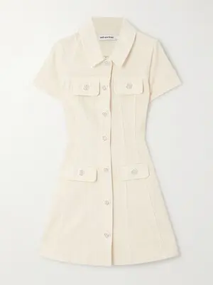 SELF-PORTRAIT Crystal-embellished Denim Mini Shirt Dress - Neutrals