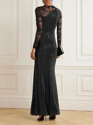 SELF-PORTRAIT Lace Trimmed Crystal Embellished Jersey Gown - Black