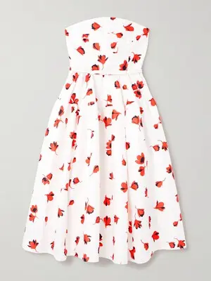 SELF-PORTRAIT Strapless Belted Ruched Floral-print Taffeta Midi Dress - White