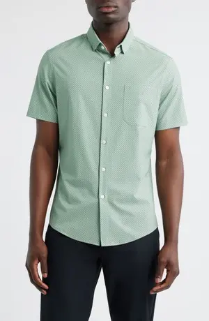 Mizzen+main Leeward Trim Fit Dot Print Short Sleeve Button-up Shirt - Pale Green Dual Dots