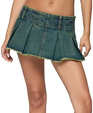 EDIKTED Frayed Pleated Denim Mini Skirt
